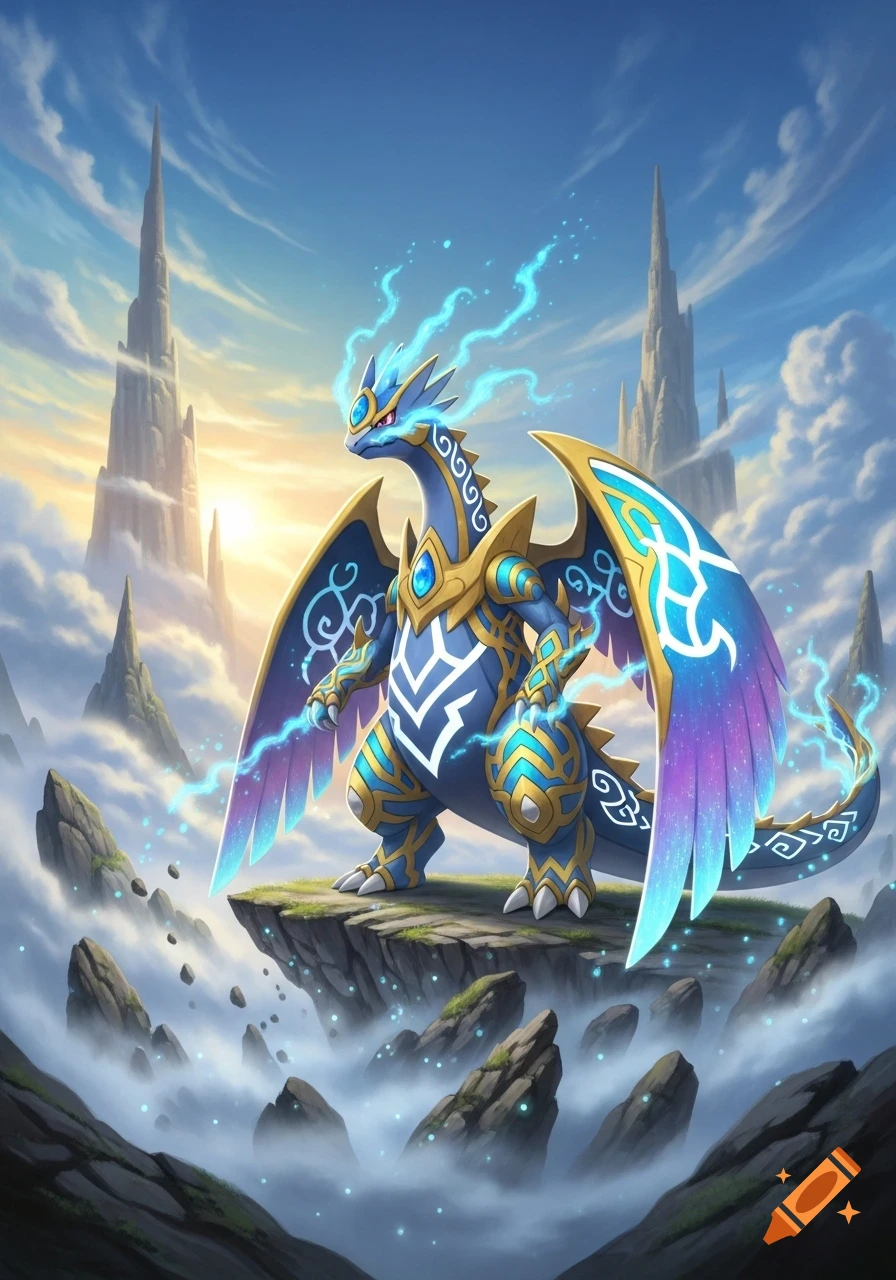 A majestic blue and gold legendary Pokémon with wings, emitting glowing ...