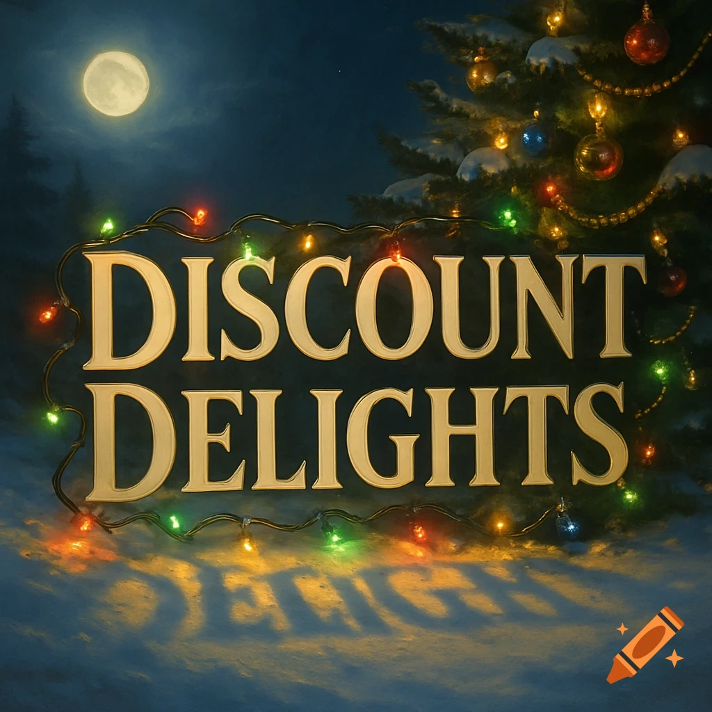 A festive logo for 'Discount Delights' illuminated by Christmas lights ...