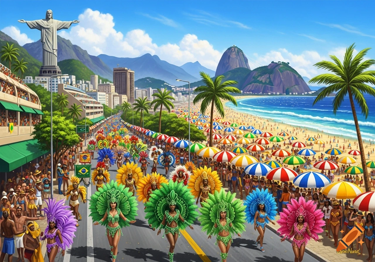 A vibrant illustration of the Rio Carnival parade in Brazil, with costumed dancers, beach ...