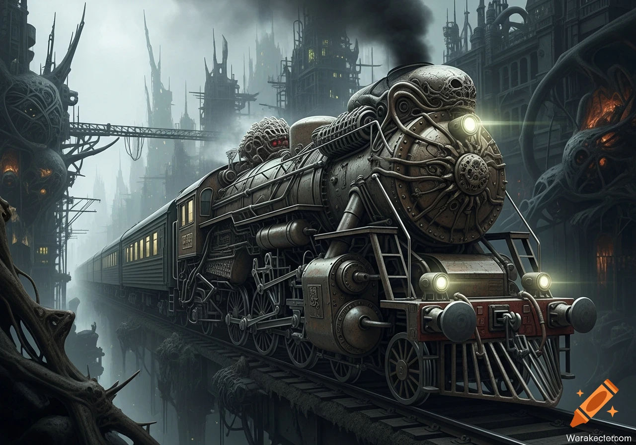 A detailed biomechanical train with skull-like features and glowing ...