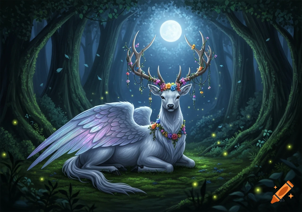 A majestic white winged deer adorned with colorful flowers lies in a ...