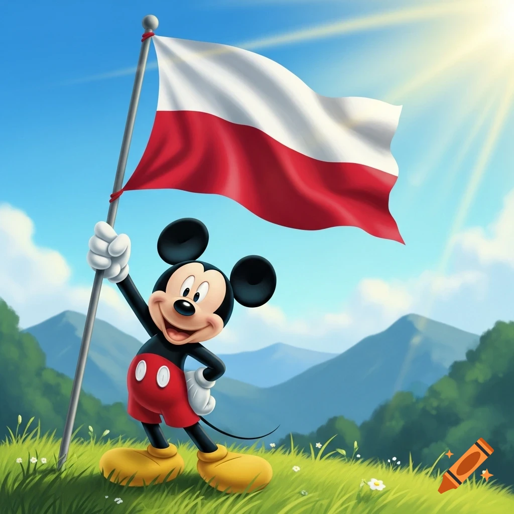 Mickey Mouse smiling and proudly holding the Polish flag on a sunny ...