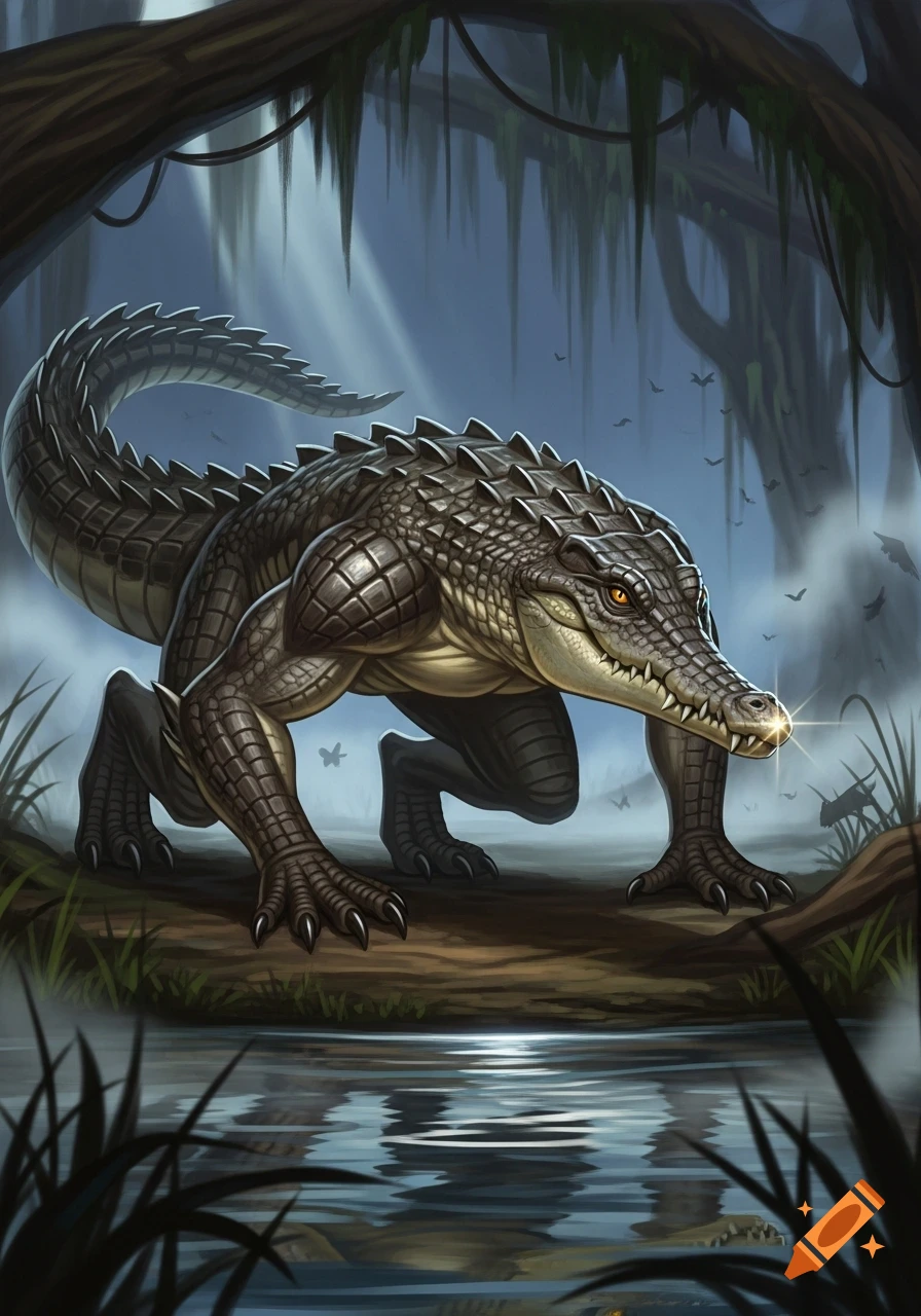 Muscular anthropomorphic crocodile crawls on all fours in a detailed ...