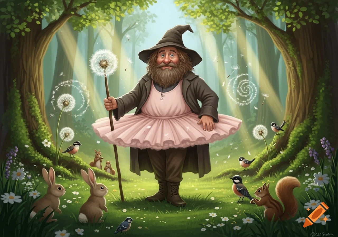 A whimsical, bearded wizard in a pink tutu and dark coat holds a ...