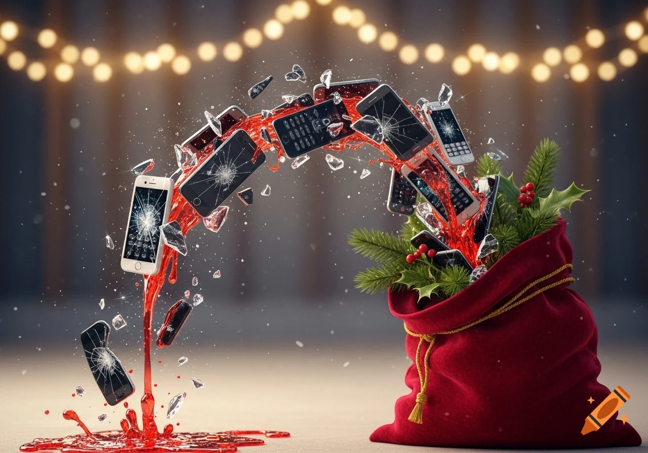 Shattered cell phones and red liquid spill from a red velvet Christmas sack adorned with holly ...