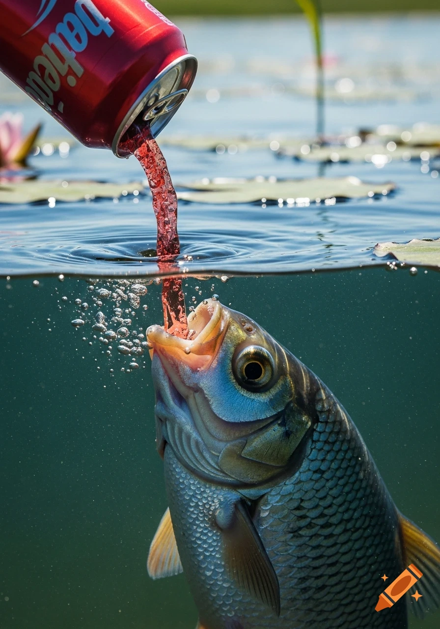 A fish with its mouth open drinks red soda poured from a can into a ...