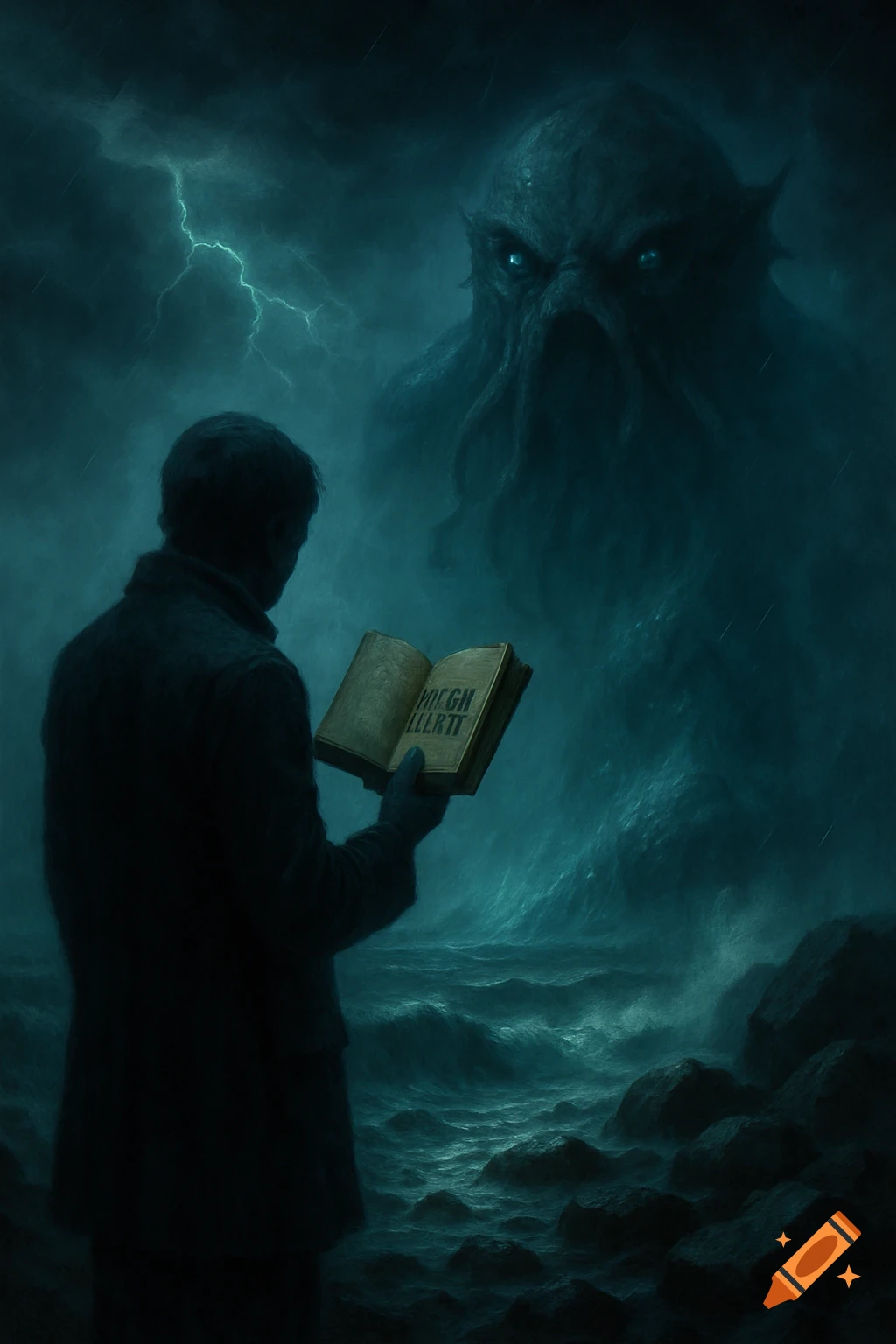 A man reads a book on a stormy, rocky shore as a massive, tentacled ...