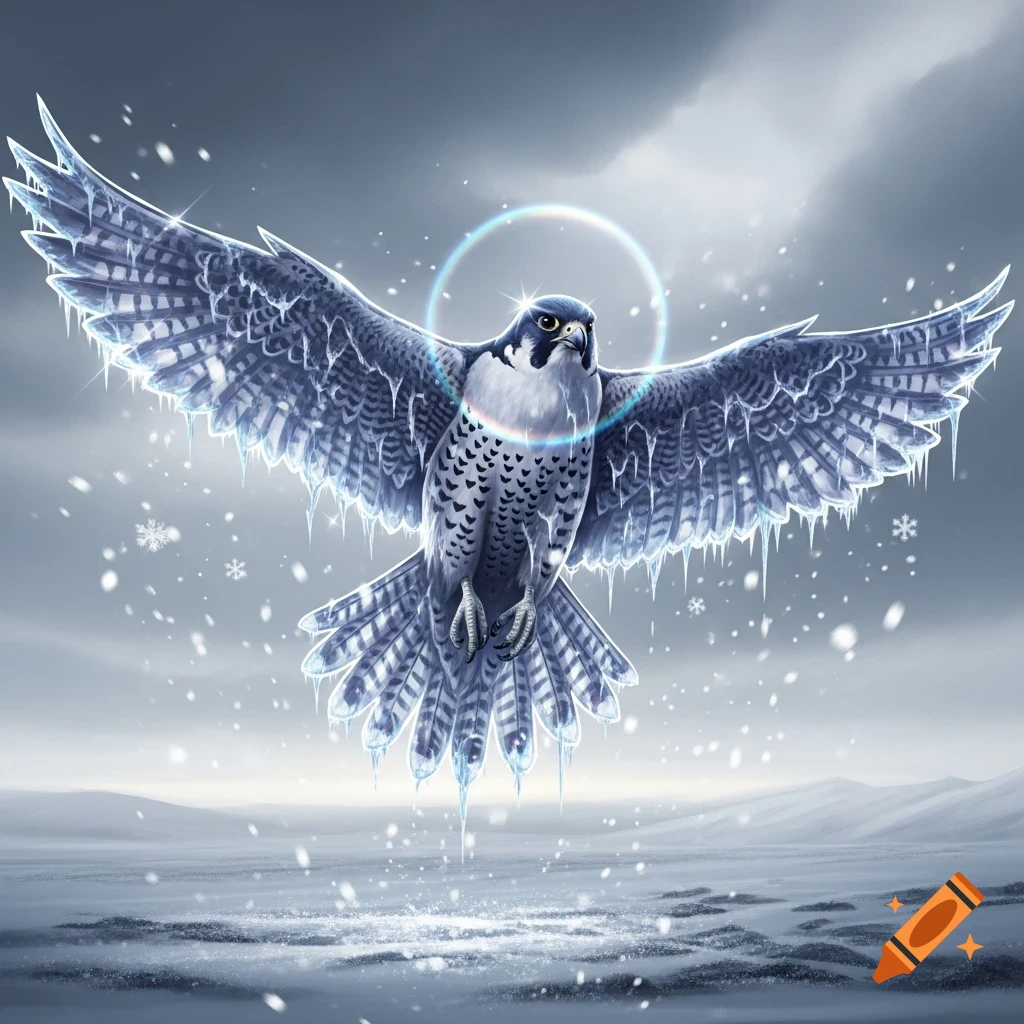 A majestic falcon, encrusted with ice and a glowing halo, flies with ...