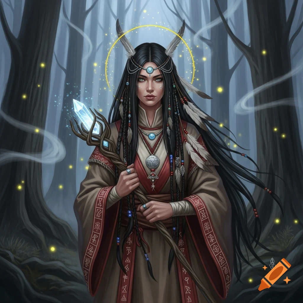 A mysterious female shaman with long dark hair and feathers, holding a ...
