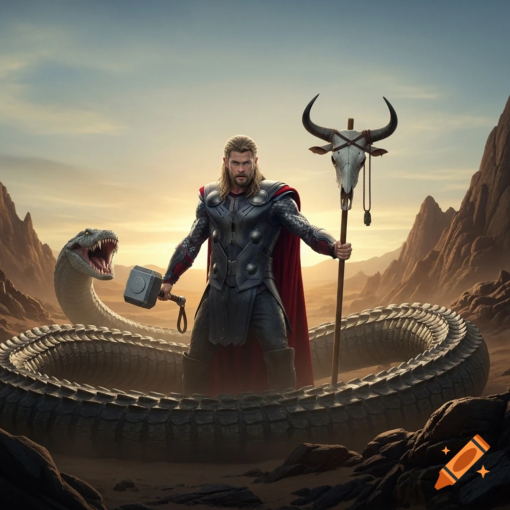 Thor in armor, holding Mjolnir and a bull skull staff, stands within a ...