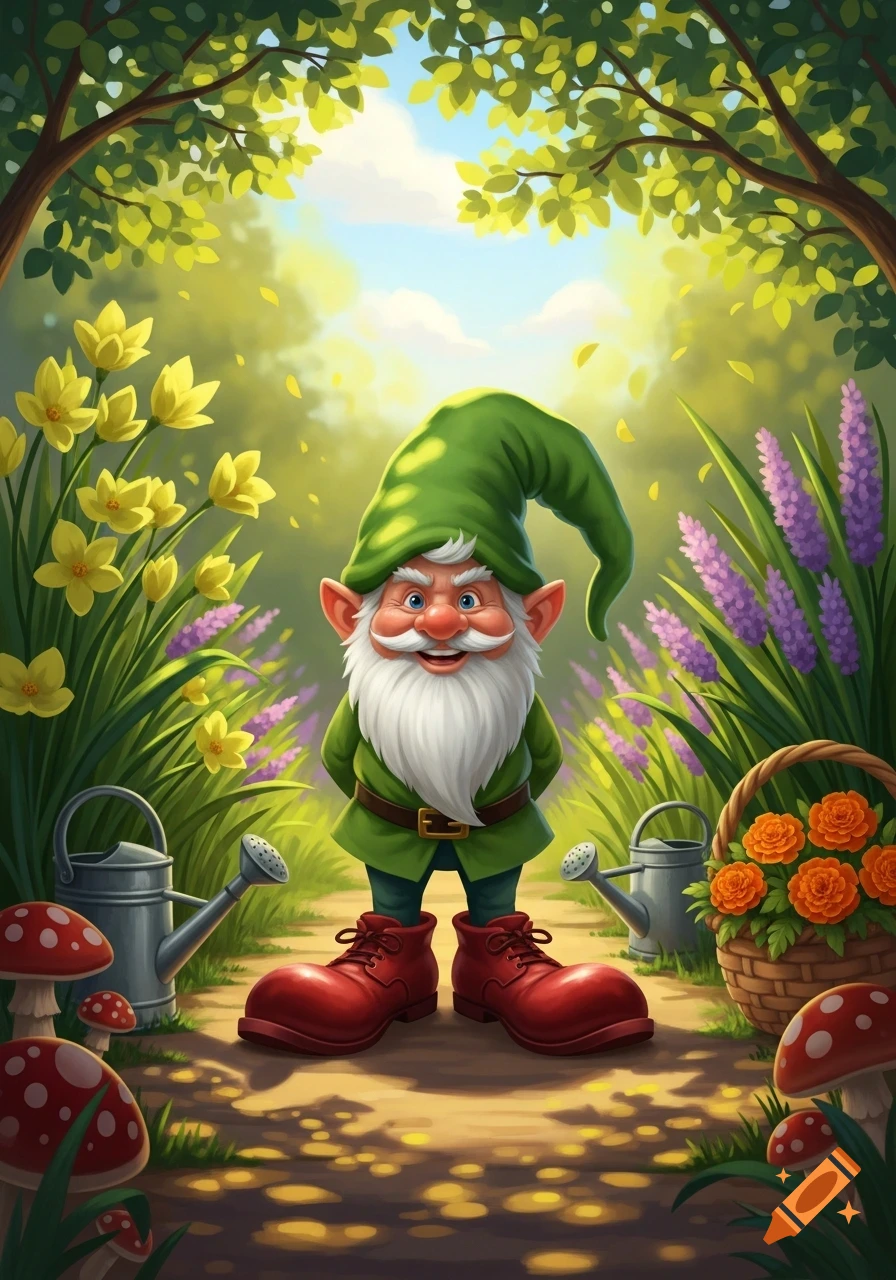 A vibrant illustration of a smiling garden gnome in a green hat and ...