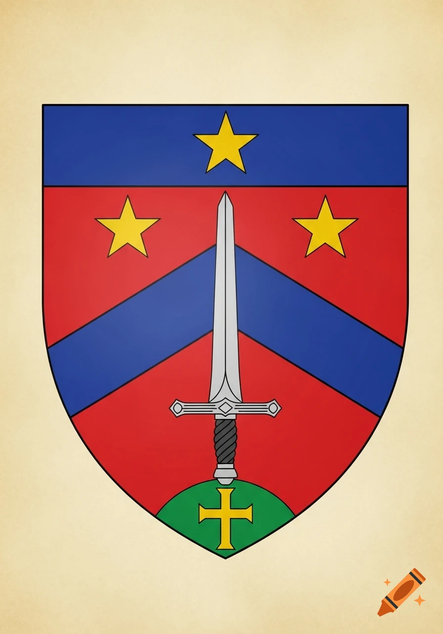 A red shield with a blue chevron, a silver sword, gold stars, a green ...