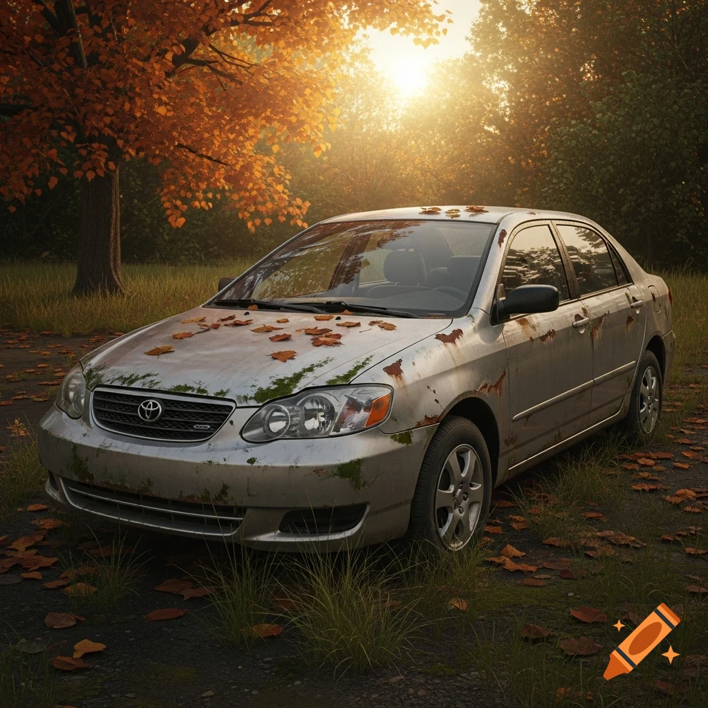 An old, rusty silver Toyota Corolla covered in autumn leaves and moss ...