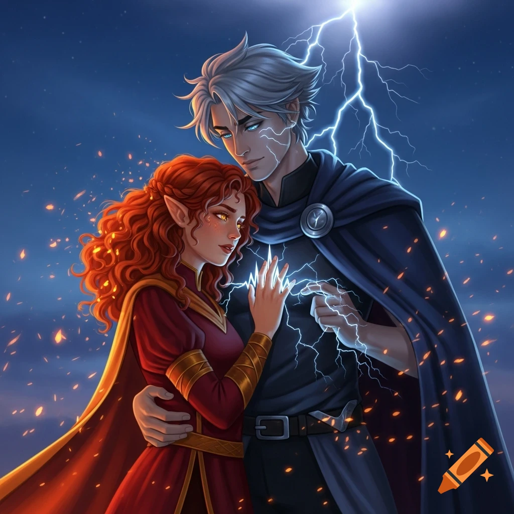A red-haired elf woman and a silver-haired man with lightning powers ...