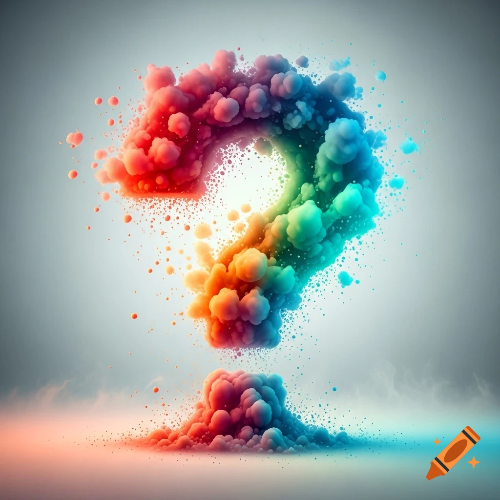 A vibrant question mark formed by swirling colorful smoke and powder ...