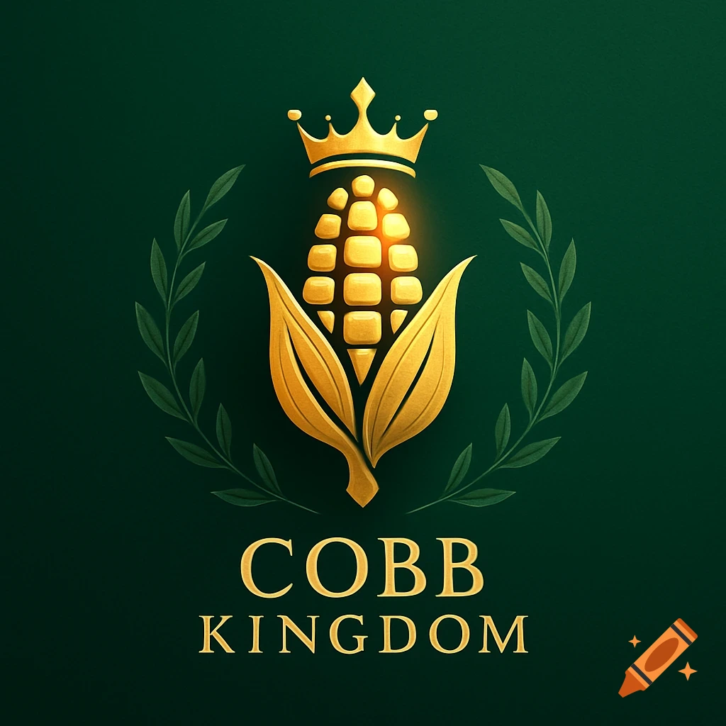 A golden corn cob logo topped with a crown, surrounded by olive ...