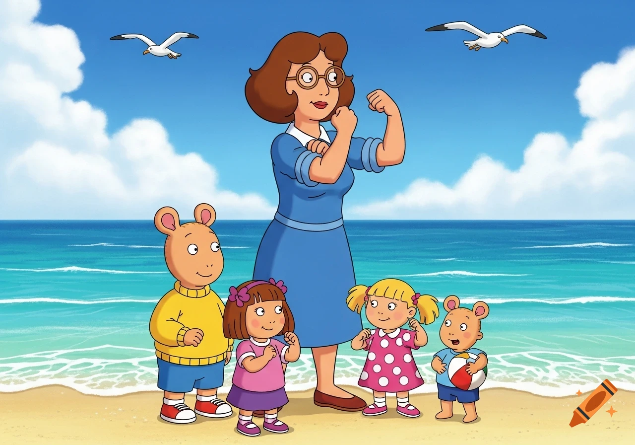 Cartoon characters Jane Read, Arthur, D.W., and Kate pose on a sandy ...