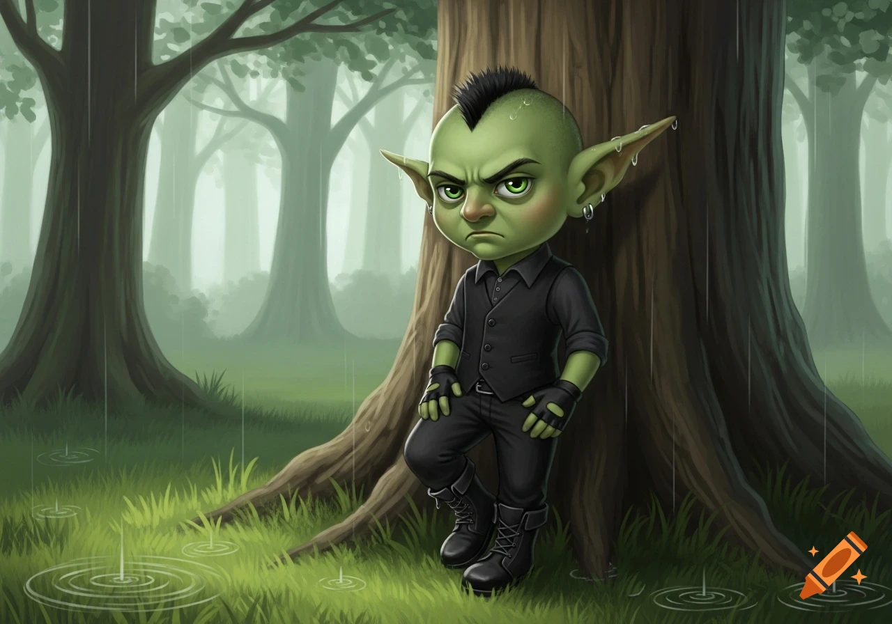 A grumpy, cartoonish green goblin with a mohawk and fingerless gloves ...