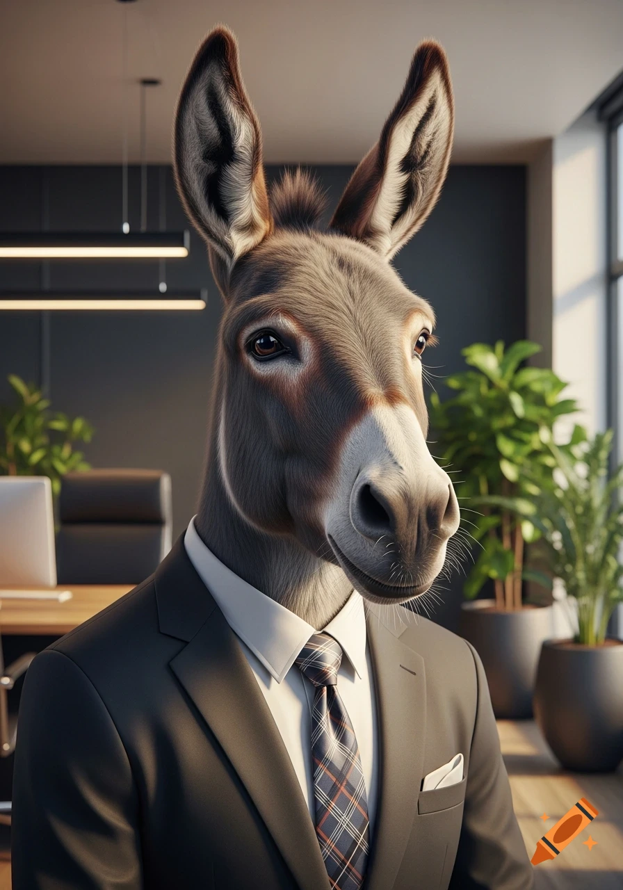 Photorealistic portrait of a donkey wearing a suit and tie in an office ...