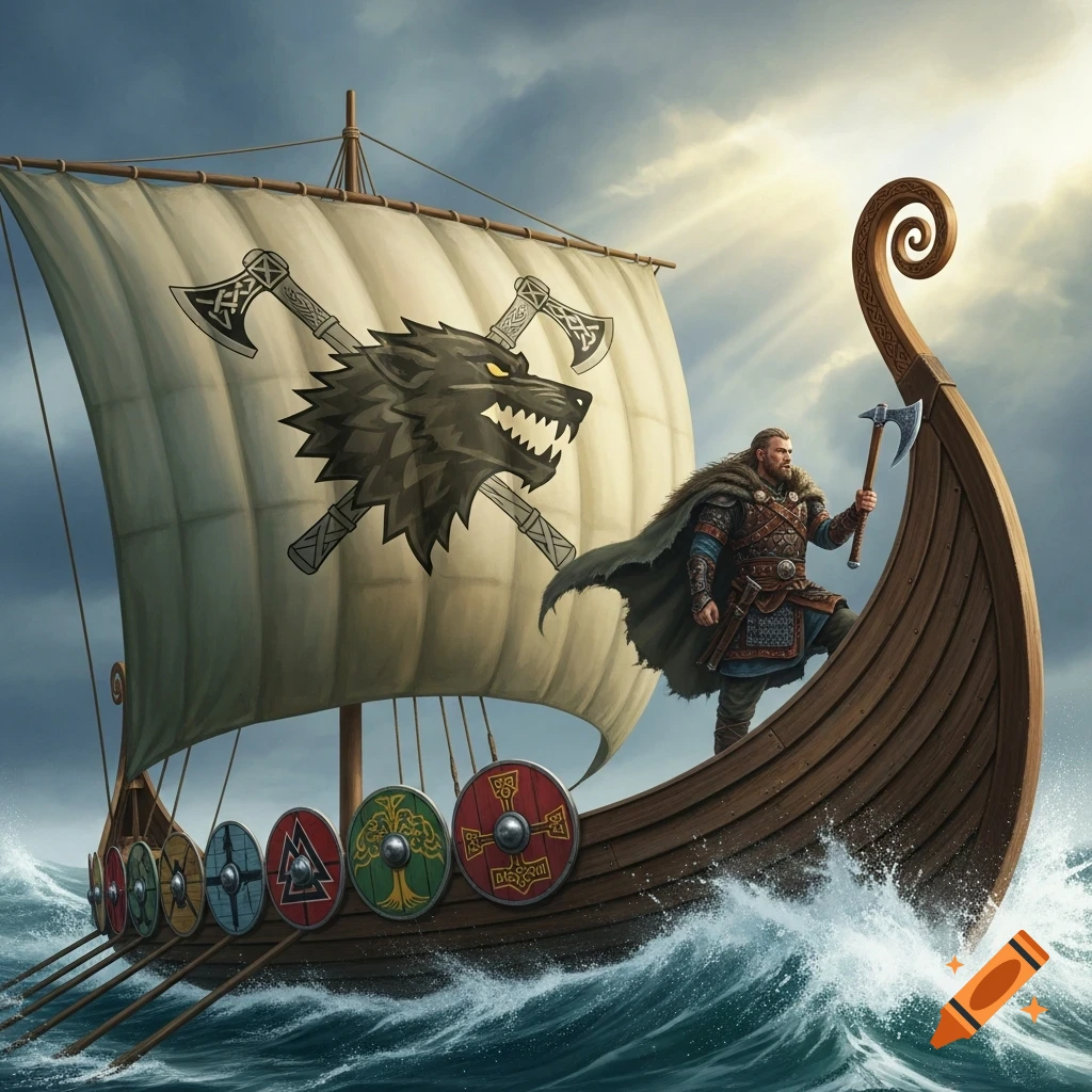 A detailed illustration of a Viking warrior standing on the prow of a ...