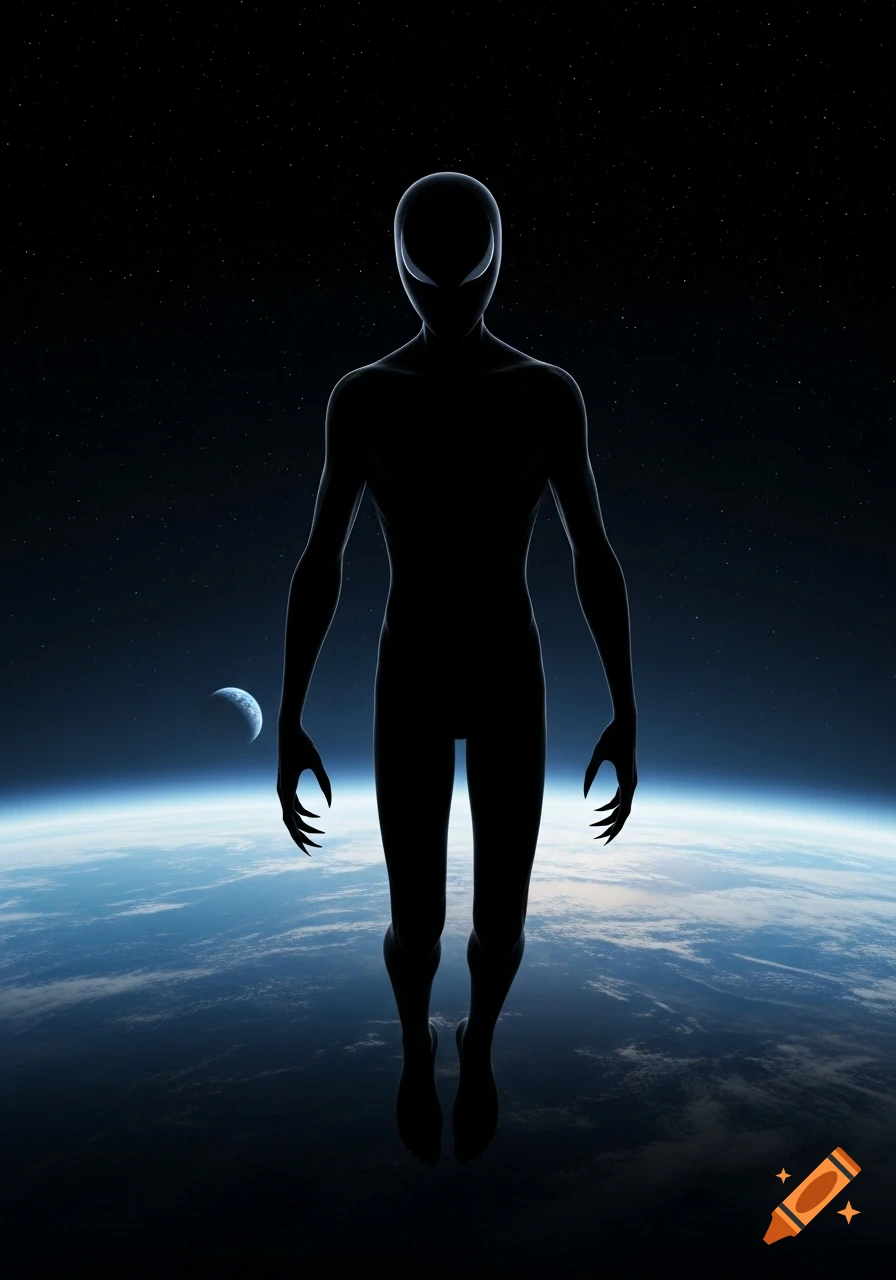 A dark, shadowy alien figure with sharp claws hovers in space above a ...