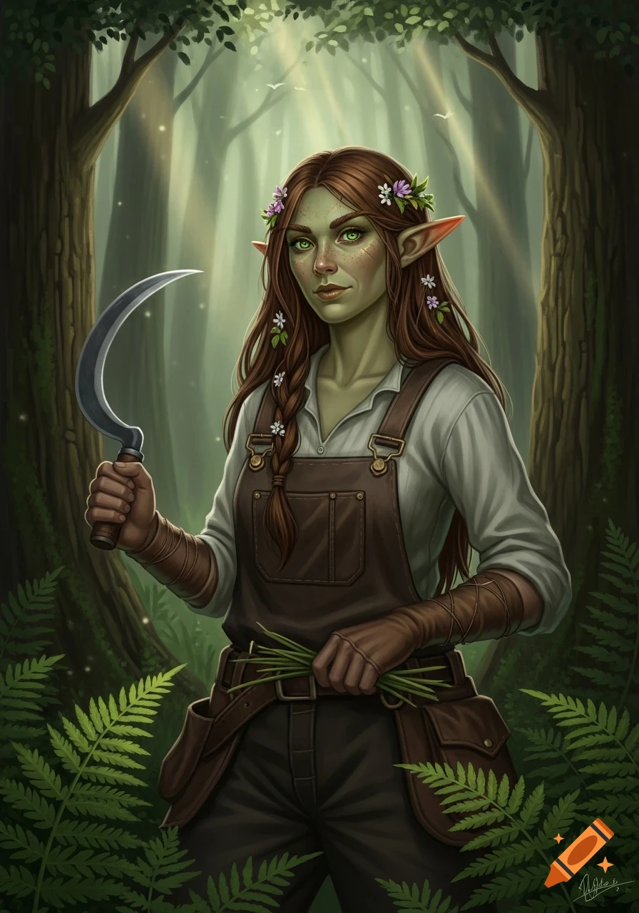 A digital painting of a green-skinned wood elf with long brown hair and ...