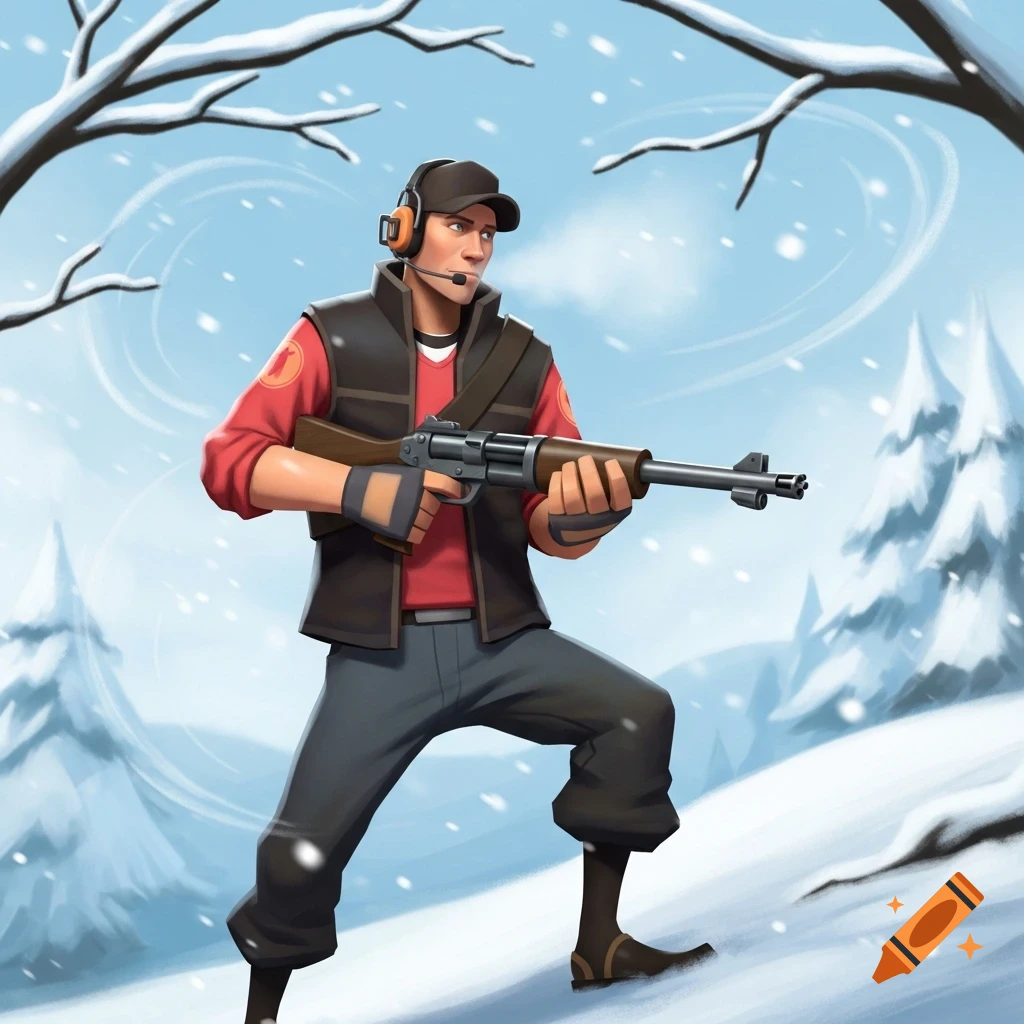 Team Fortress 2 Scout in a snowy winter landscape, wearing a red shirt ...