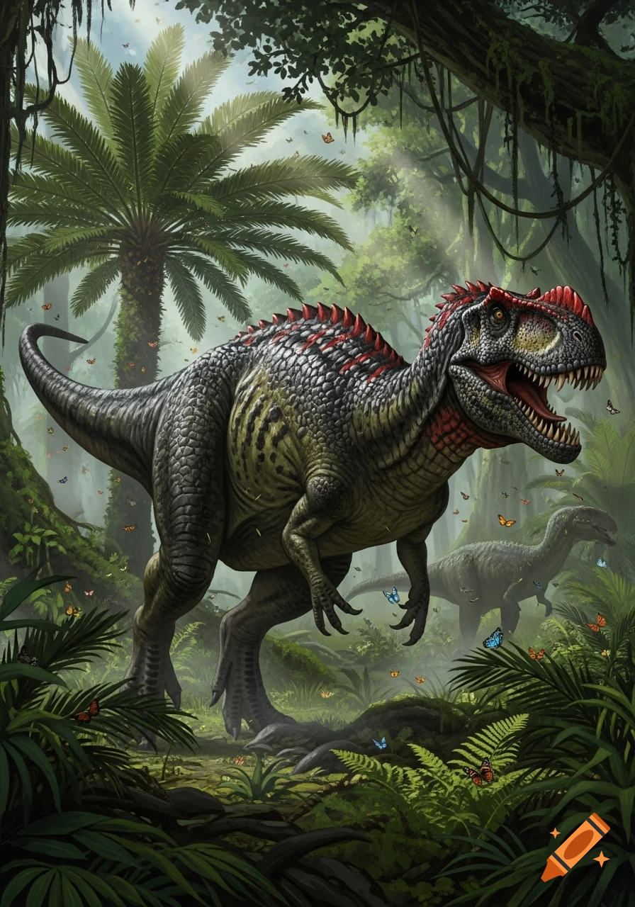 A detailed, realistic illustration of a large Allosaurus with red and ...