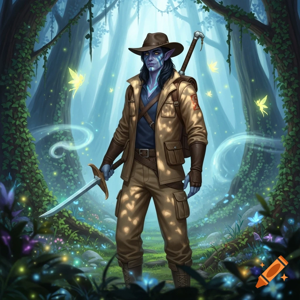 Elf man with blue skin and facial stripes, wearing a fedora and ...