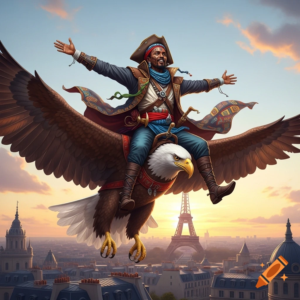 A smiling pirate with arms spread rides a giant bald eagle over Paris ...