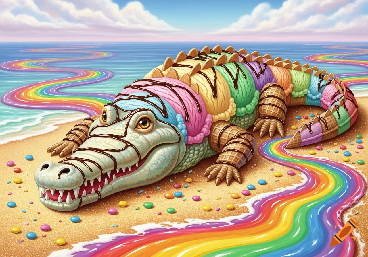 A vibrant, whimsical alligator made of colorful ice cream scoops with ...