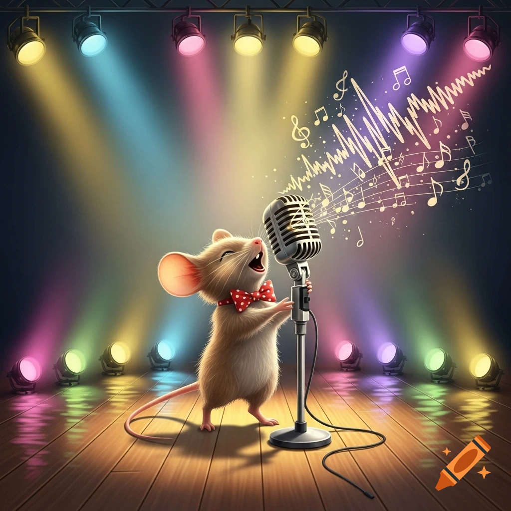 A cute cartoon mouse with a bow tie sings into a vintage microphone on ...