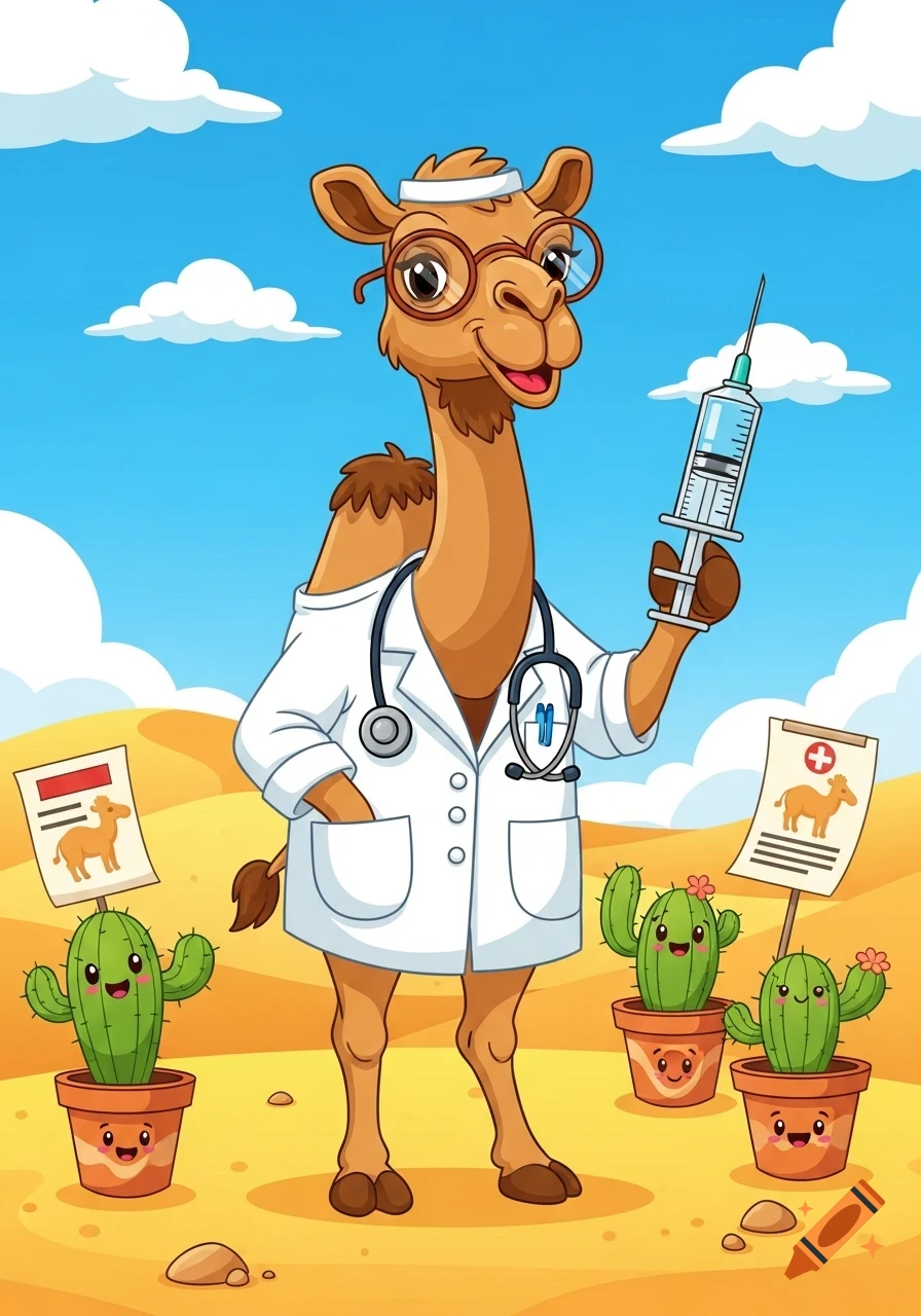 Cartoon camel doctor wearing a lab coat and glasses, holding a large ...