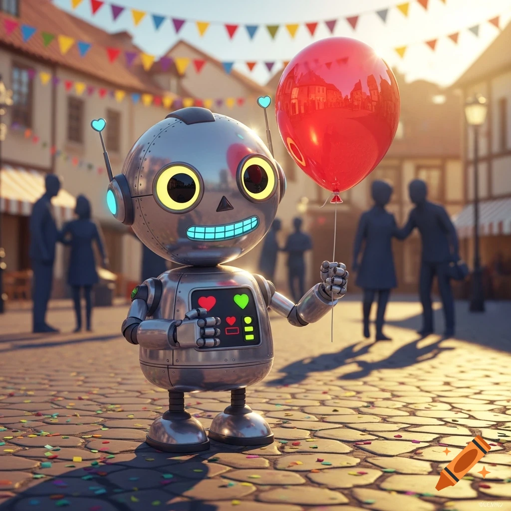 A cute, shiny silver robot with yellow eyes and a blue smile holds a ...