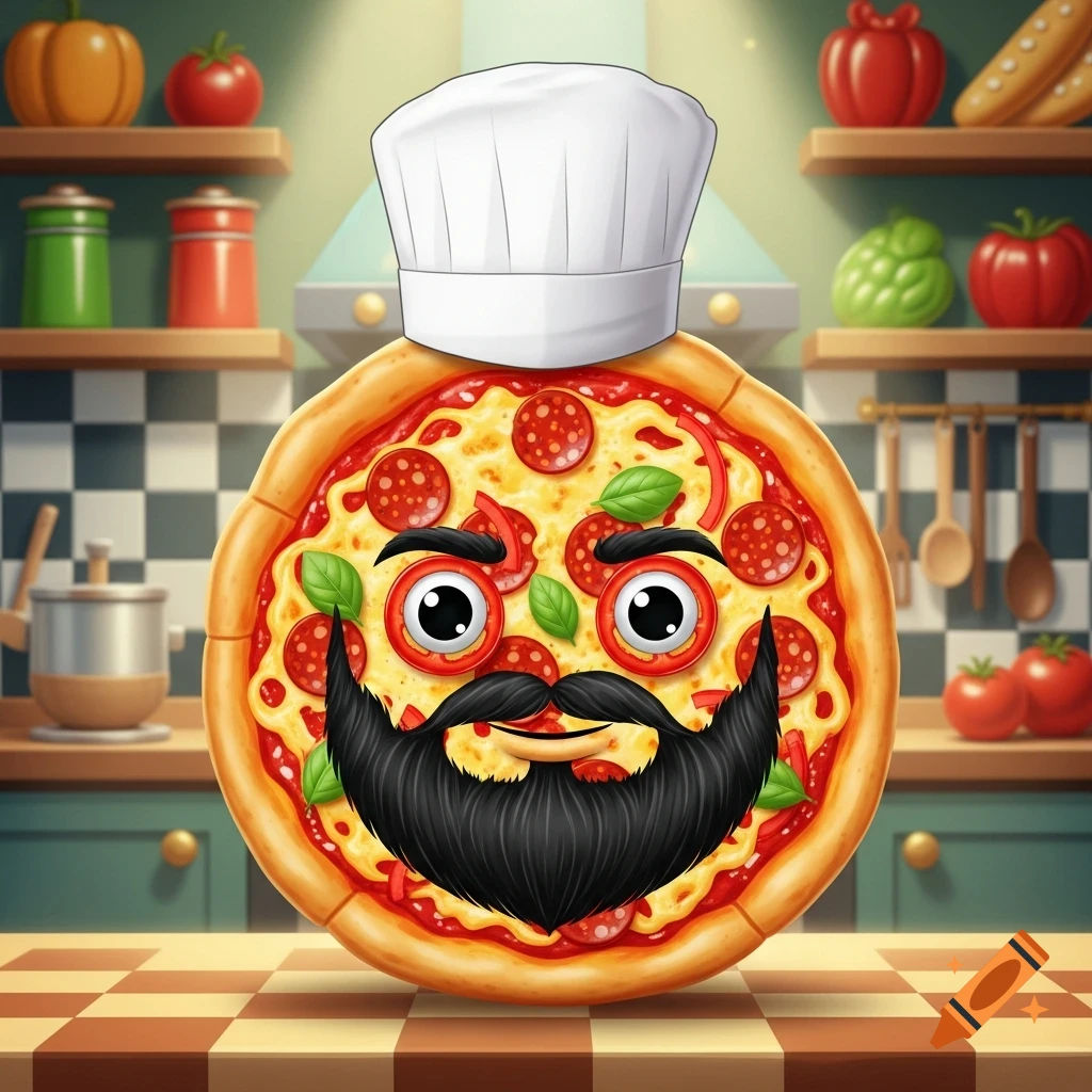 A cartoon pizza wearing a chef's hat, with large eyes, a mustache, and ...
