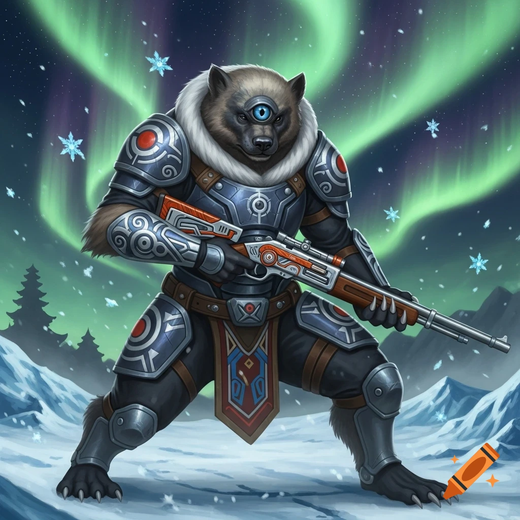 An armored, cyclops wolverine creature holds a rifle in a snowy, aurora ...