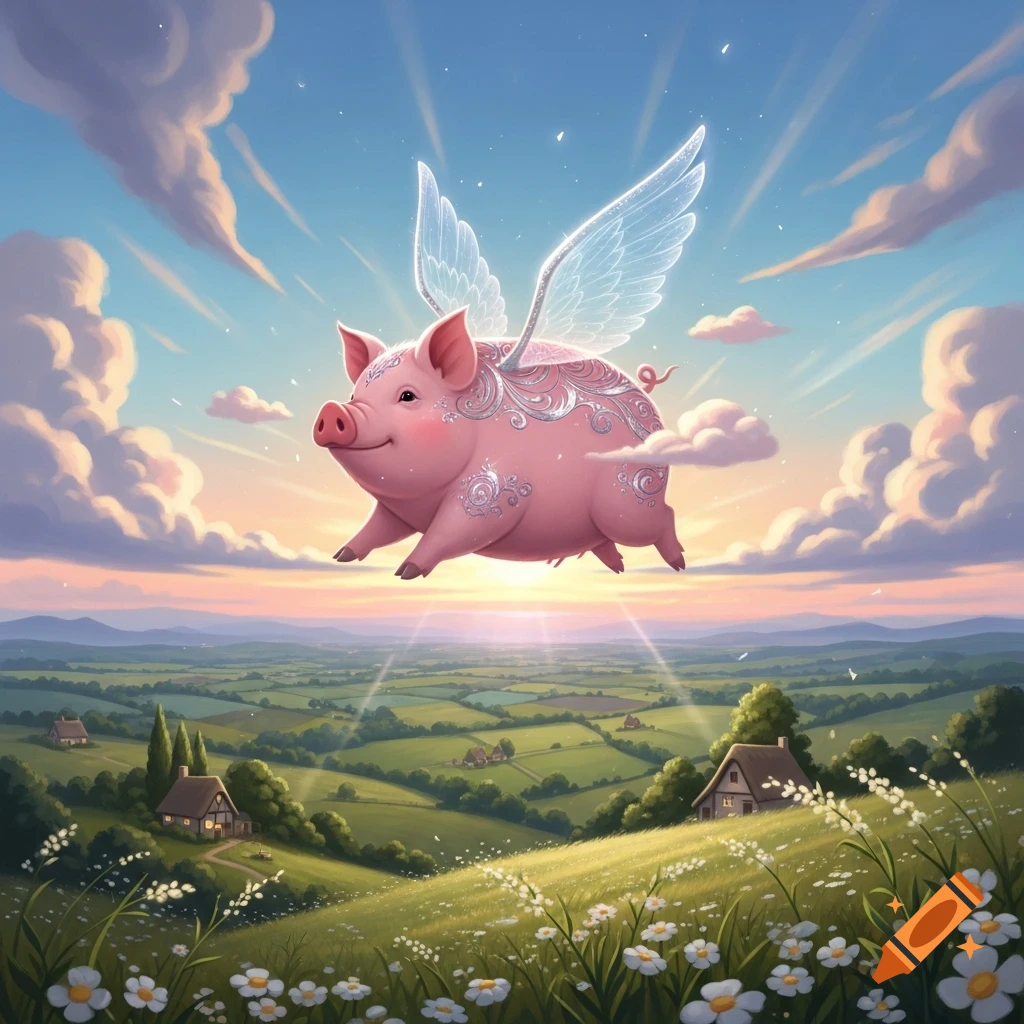 A cute, pink fantasy pig with sparkly wings flies high above a verdant ...