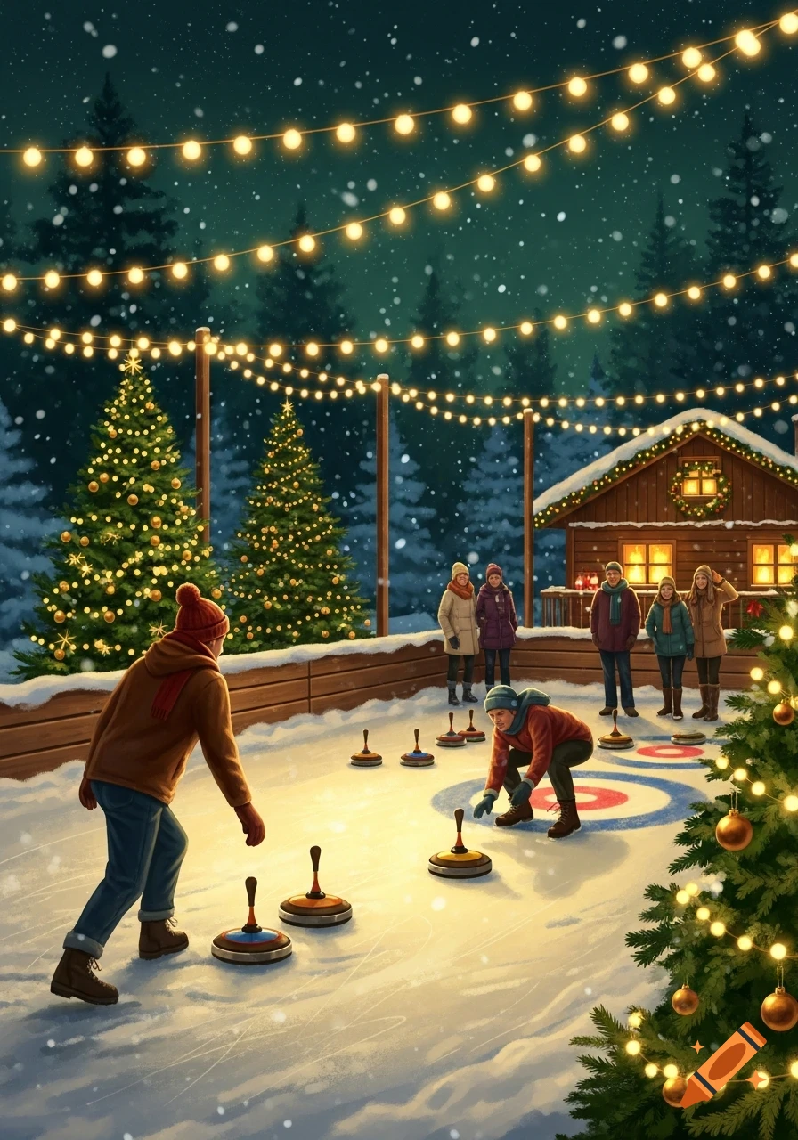 People play curling on a festive outdoor ice rink at night, surrounded ...