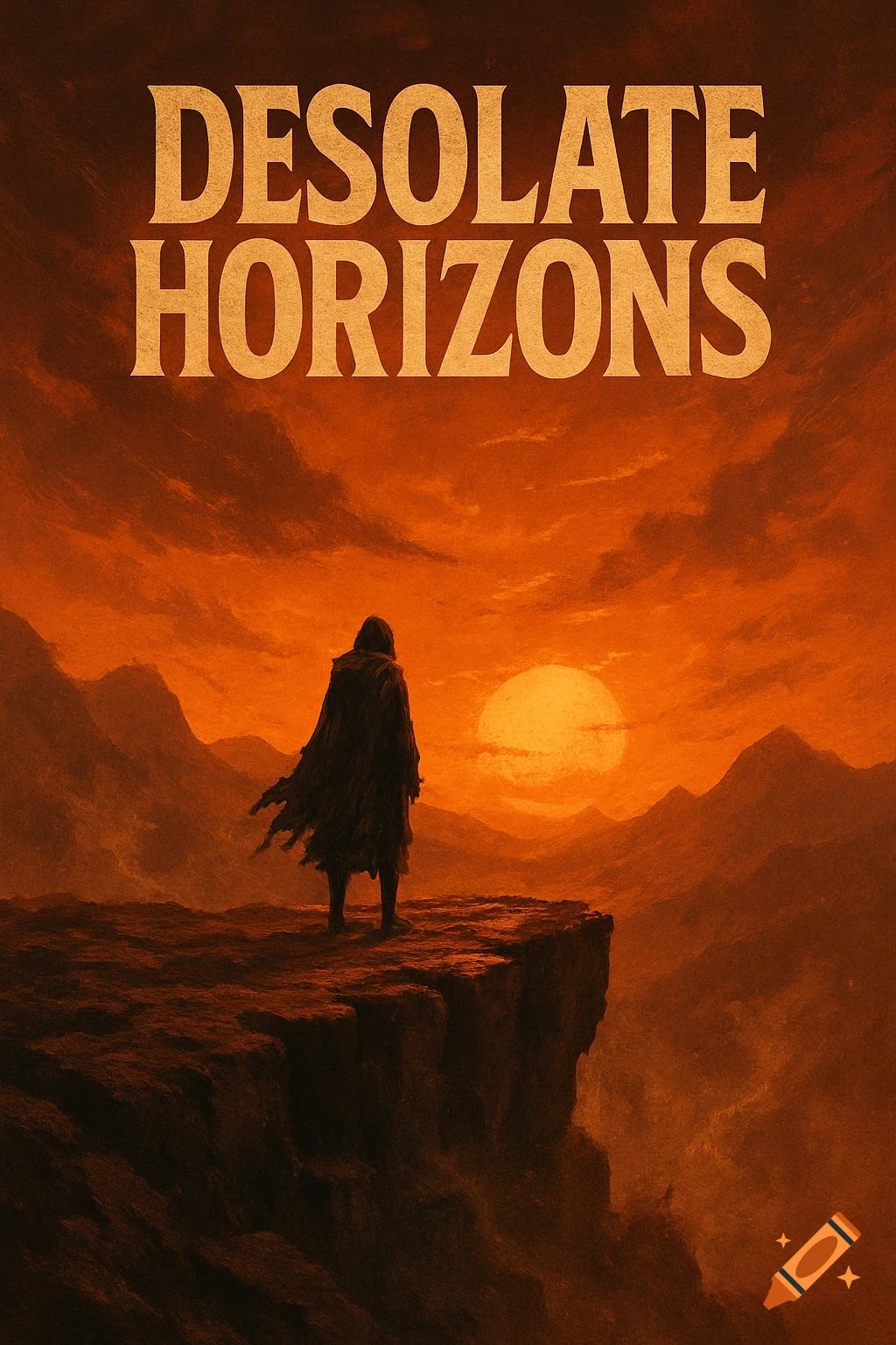 A cloaked figure stands on a desolate cliff overlooking an orange ...