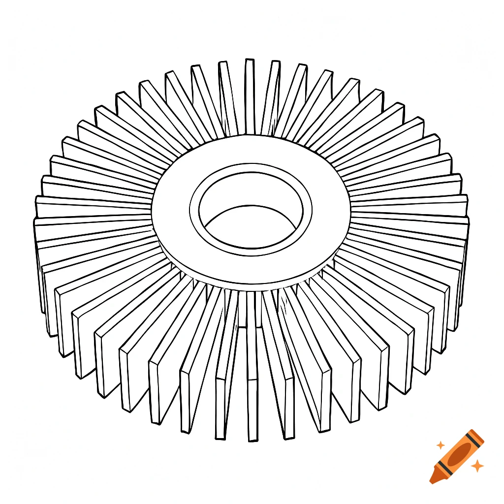 Black and white isometric line drawing of a circular radial heat sink ...