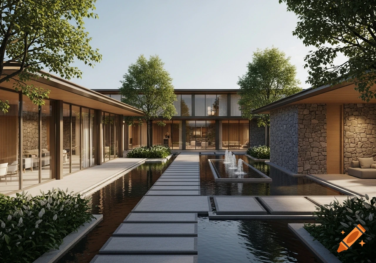 A modern architectural complex with a reflective water feature, stone ...