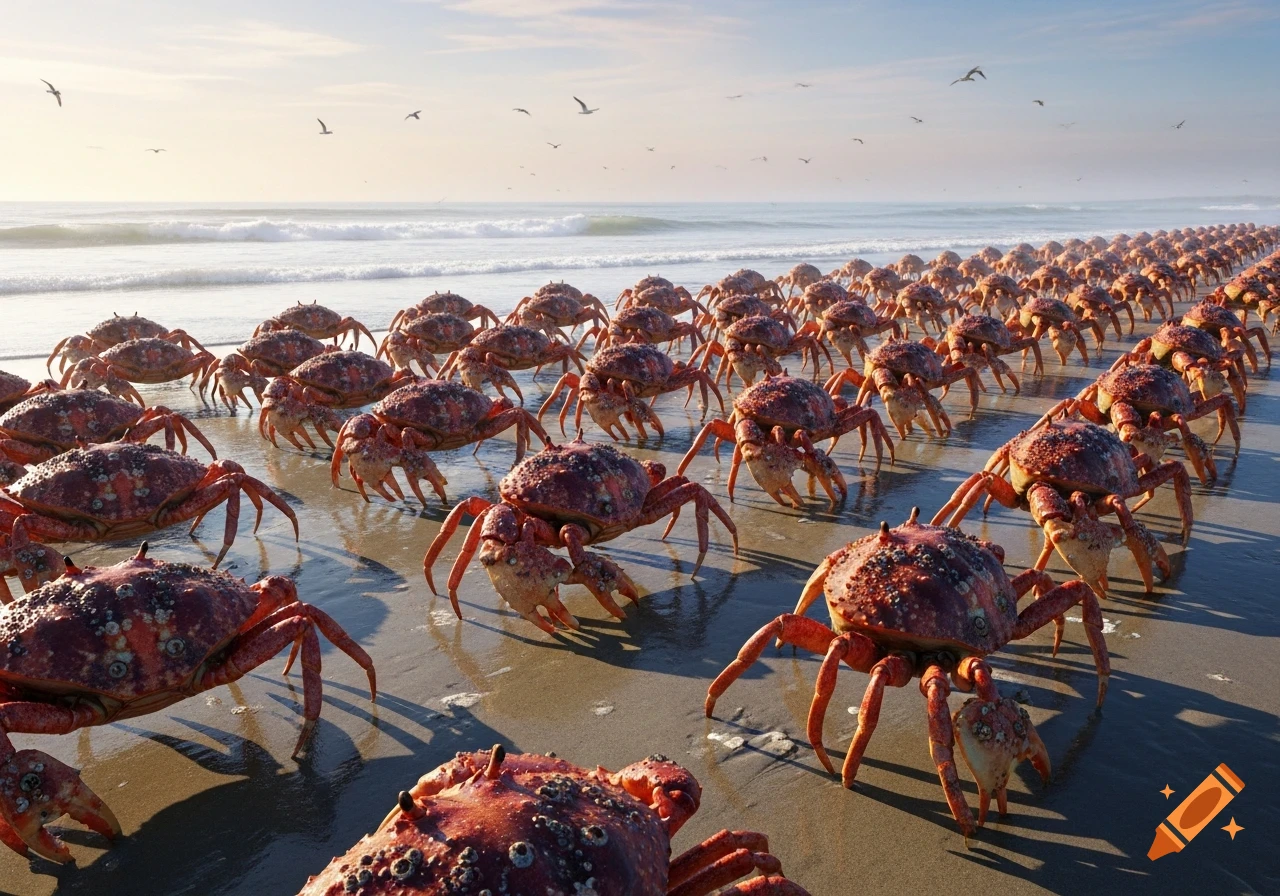 Hundreds of red crabs march across a wet sandy beach towards the ocean ...