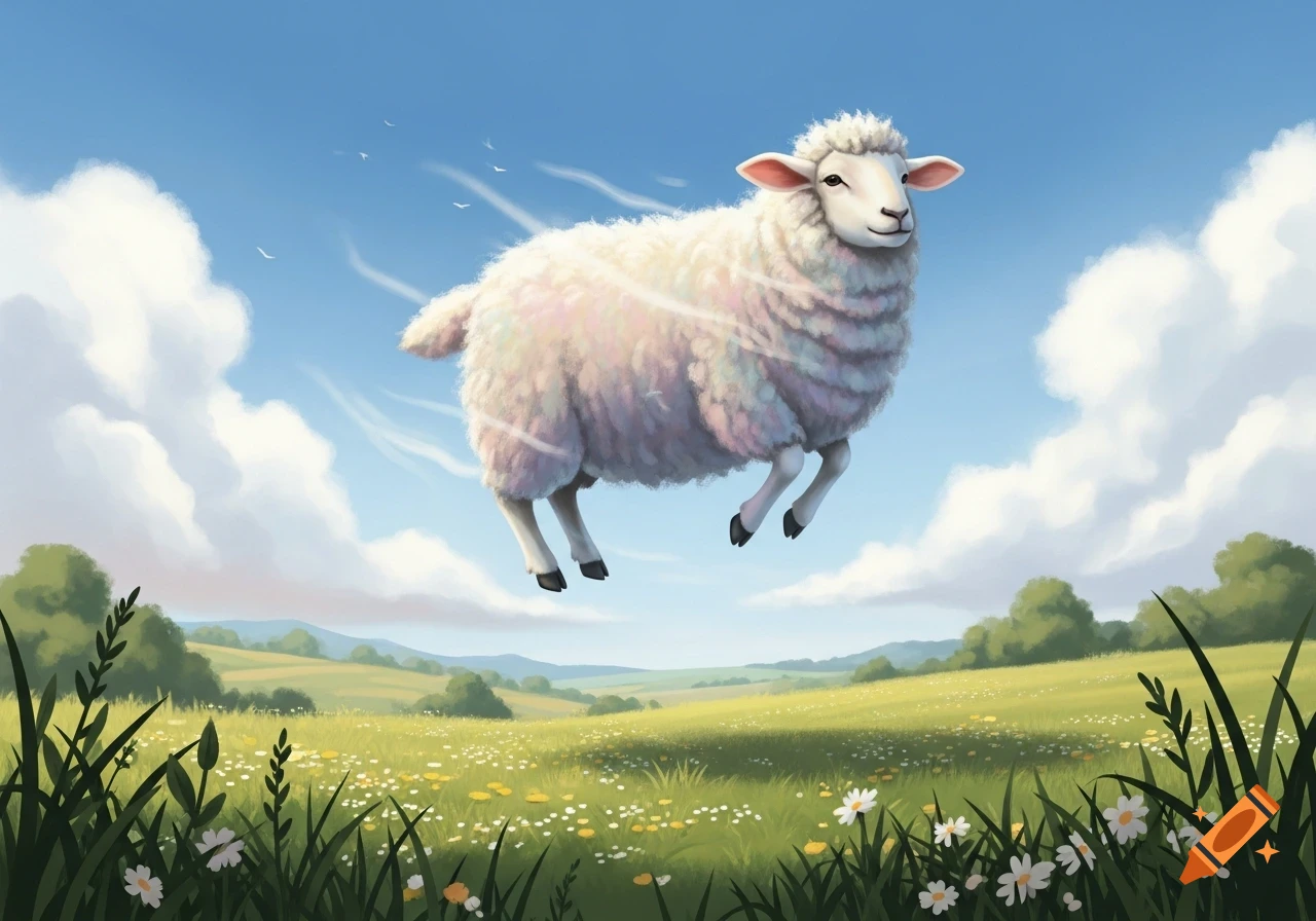 A fluffy white sheep with hints of rainbow colors floats in a blue sky ...
