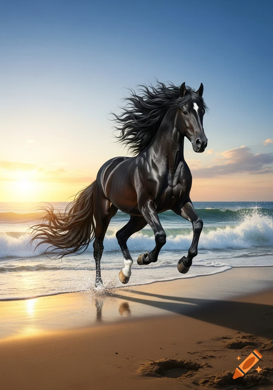 A majestic black stallion with a flowing mane gallops through the ...