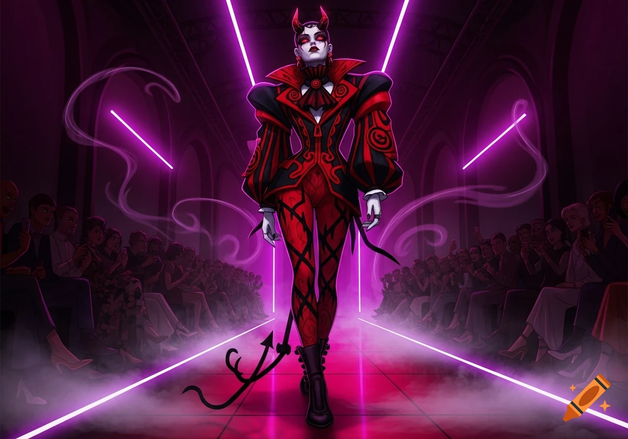 A demonic figure in an elaborate red and black outfit walks a glowing ...
