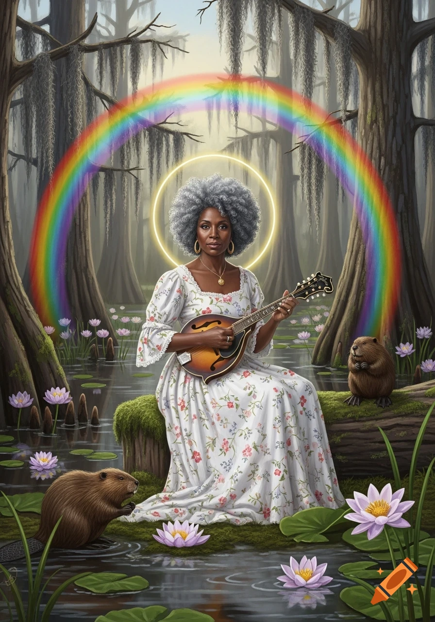 A goddess with silver afro hair and a glowing halo plays a mandolin in ...
