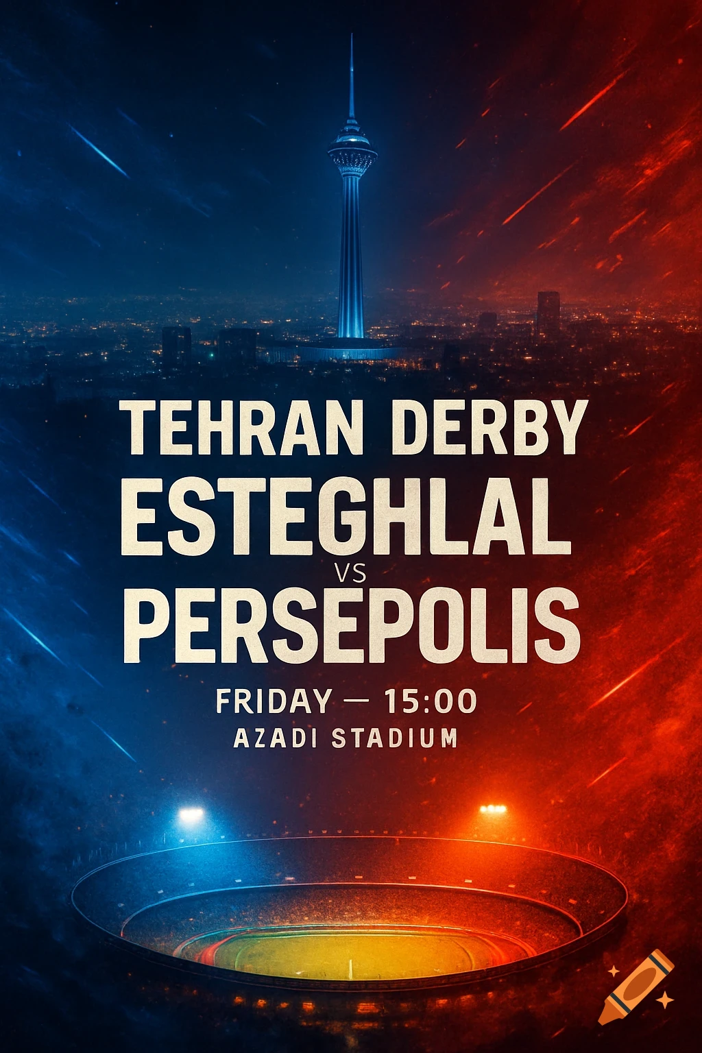 Dramatic sports poster for the Tehran Derby, featuring Esteghlal vs ...
