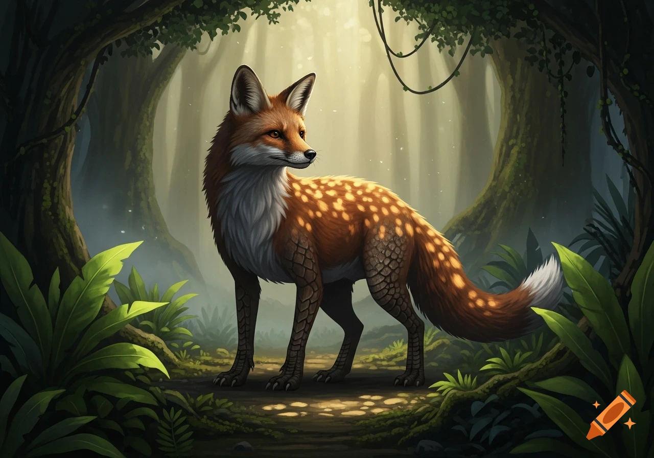 A fantasy fox with a scaly dinosaur-like body and spotted fur stands in ...