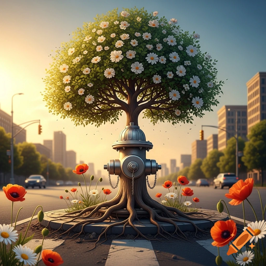 A fire hydrant transforms into a tree with white flowers and roots ...