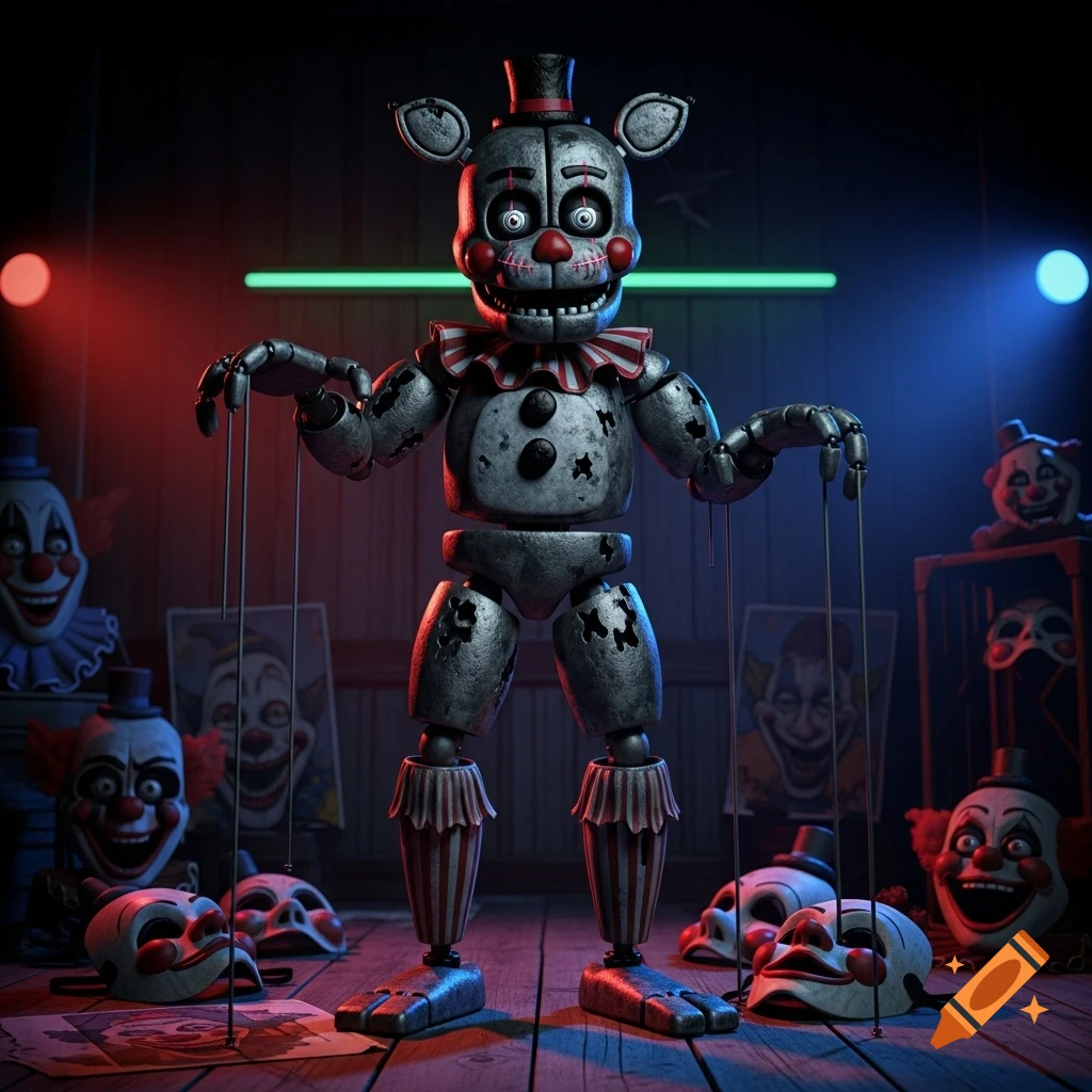 A creepy, worn animatronic puppet in a top hat and ruffled collar ...